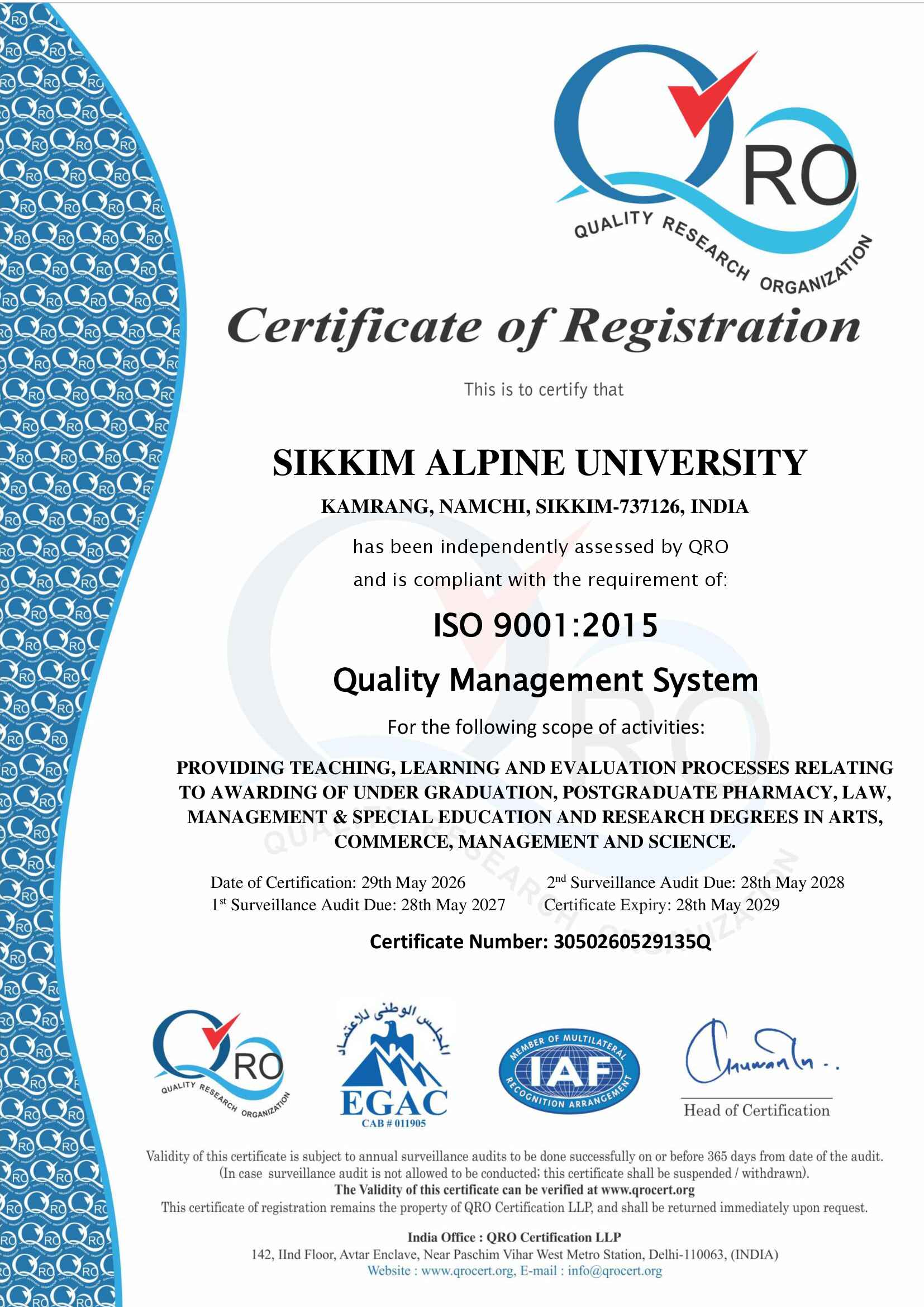 ISO Certificates - Sikkim Alpine University
